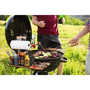 BBQ Caddy Grill For Organizing Utensils, Paper Towels, Accessories, Condiments, Kitchen Tools, Camping, Picnic, Outdoor Grilling, Heavy Duty Steel Frame Mesh Finley Crafted Bamboo Wood Carrying Handle