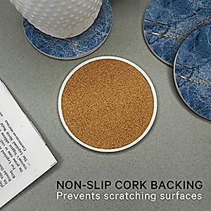 Emerson 100% Ceramic Coasters for Drinks Absorbent – Coffee Table Set of 6 with Holder, Wooden Tabletop Protection Marble Style - 4” Inch Non-Slip & Cork Bottom - Heavy Duty Drink Coasters (Ocean)