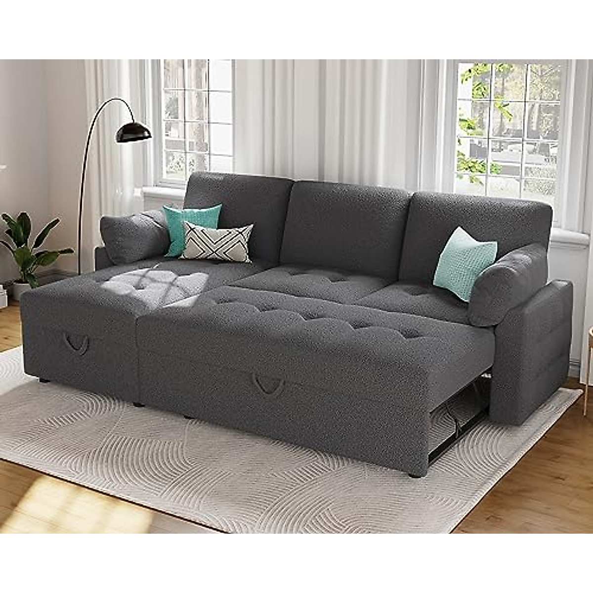 PaPaJet Pull Out Sofa Bed, Modern Tufted Convertible Sleeper Sofa, L Shaped Sofa Couch with Storage Chaise, Boucle Sectional Couch Bed for Living Room (Grey)
