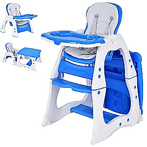 Costzon Baby High Chair, 3 in 1 Infant Table and Chair Set, Convertible Booster Seat with 3-Position Adjustable Feeding Tray, Adjustable Seat Back, 5-Point Harness (Blue)