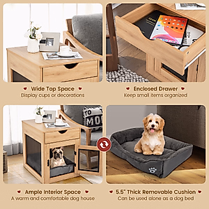 Giantex Dog Crate Furniture, Wooden Dog Kennel End Table with Removable Cushion, Storage Drawer, Latched Door, Wireless and Wired Charging, Furniture-Style Crate Side Table (Wood Color)