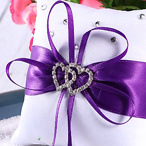 Wedding Ring Pillow, 4 x 4Inch Purple Bridal Ring Bearer Holder Cushion Double Heart Wedding Ring Box Wedding Accessories Decoration Supplies