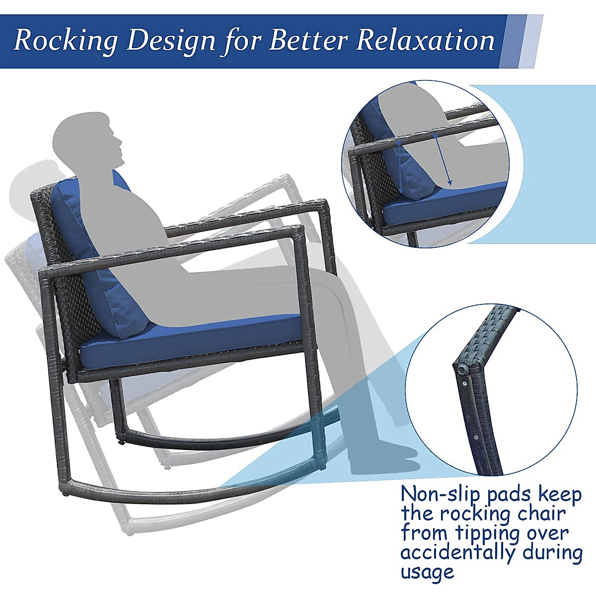 Tangkula 3 Pieces Patio Wicker Rocking Bistro Set, Outdoor Rocking Chair Furniture Set w/Cushioned Seat, Conversation Set w/Glass Coffee Table and Storage Shelf (Navy Blue)