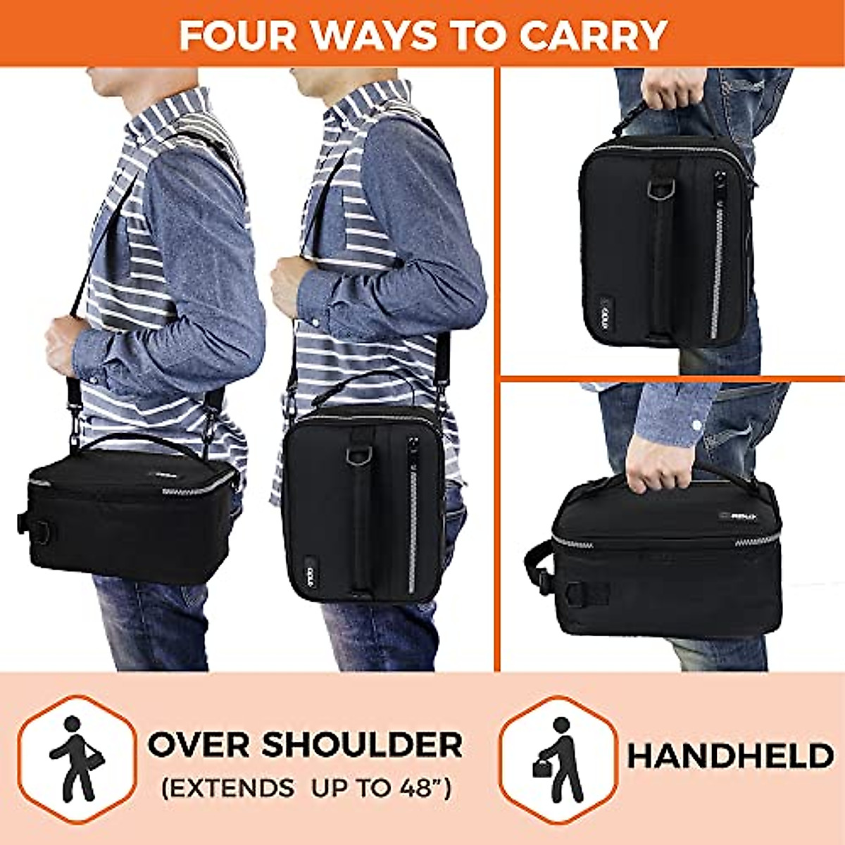 OPUX Premium Insulated Lunch Box for Men, Women | School Lunch Bag for Boys, Girls, Kids | Compact Adult Lunch Pail Work Office Cooler | Soft, Leakproof, 4 Ways to Carry | Fits 12 Cans (Black)