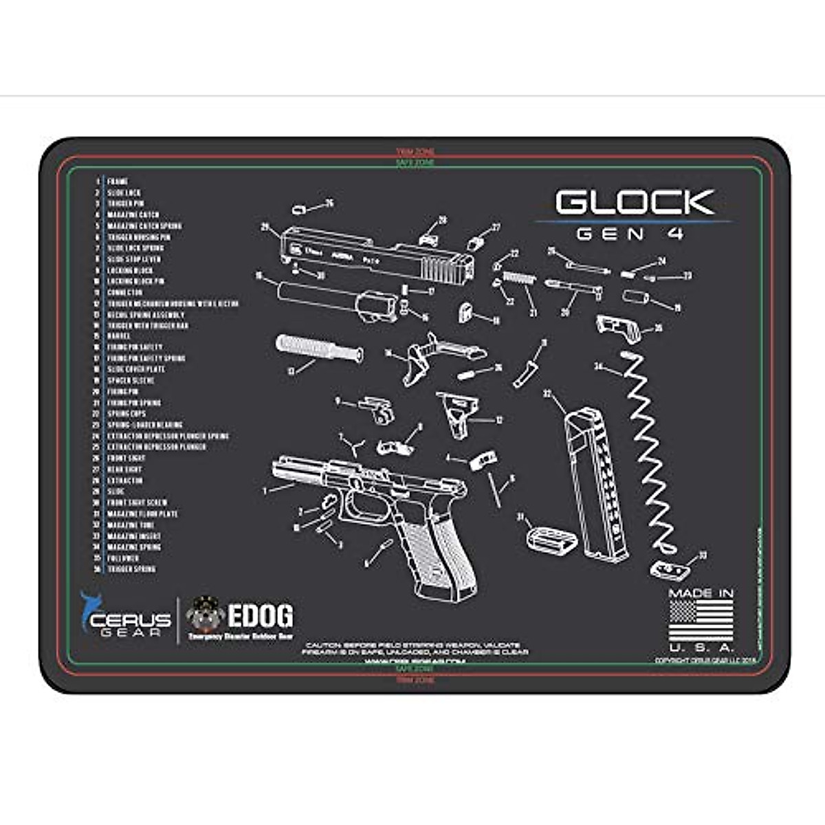 EDOG GEN4 Gun Cleaning Mat - Schematic (Exploded View) Diagram Compatible with Glock Gen4 Series Pistol 3 mm Padded Pad Protect Your Firearm Magazines Bench Surfaces Gun Oil Solvent Resistant