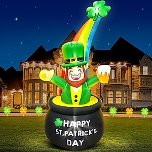 KOOY 8FT St Patricks Day Inflatables Outdoor Decorations,Inflatable Leprechaun in Pot of Gold with Rainbow Blow up Yard Decorations,St Patrick Decorations for Yard Holiday Party Garden Lawn Décor