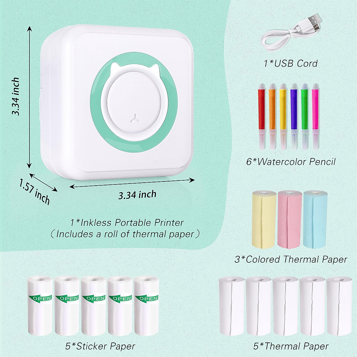 Netholid Mini Portable Printer with 14 Rolls Sticker Paper, Pocket Bluetooth Thermal Printer for Photo Travel Memo Scrapbook, Compatible with Phone (WhiteGreen, 1 Printer + 13 Roll Paper)