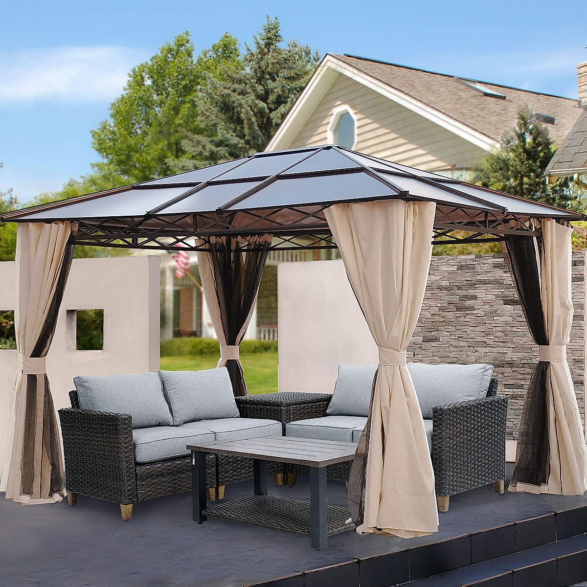 Grand patio 10x12 Gazebo, Hardtop Gazebo, Single Roof Pergolas Metal Aluminum Frame UV 50+ Outdoor Canopy with Mosquito Netting and Curtains, Outdoor Shelter for Garden, Lawn, Backyard
