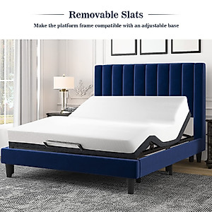 Allewie Queen Platform Bed Frame/Velvet Upholstered Bed Frame with Vertical Channel Tufted Headboard/Strong Wooden Slats/Mattress Foundation/Box Spring Optional/Easy Assembly/Navy Blue