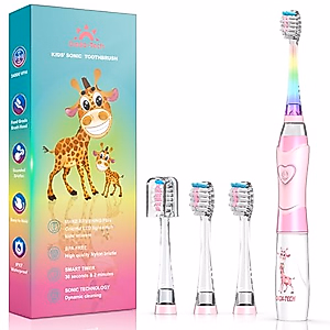 Kids Electric Toothbrush Toddler Toothbrush Age 2-4-8-12 Girls Electric Toothbrush with Timer Rainbow LED Light Up Vibrating Toothbrush Battery Operated Childrens Sonic Tooth Brush (Pink Giraffe)