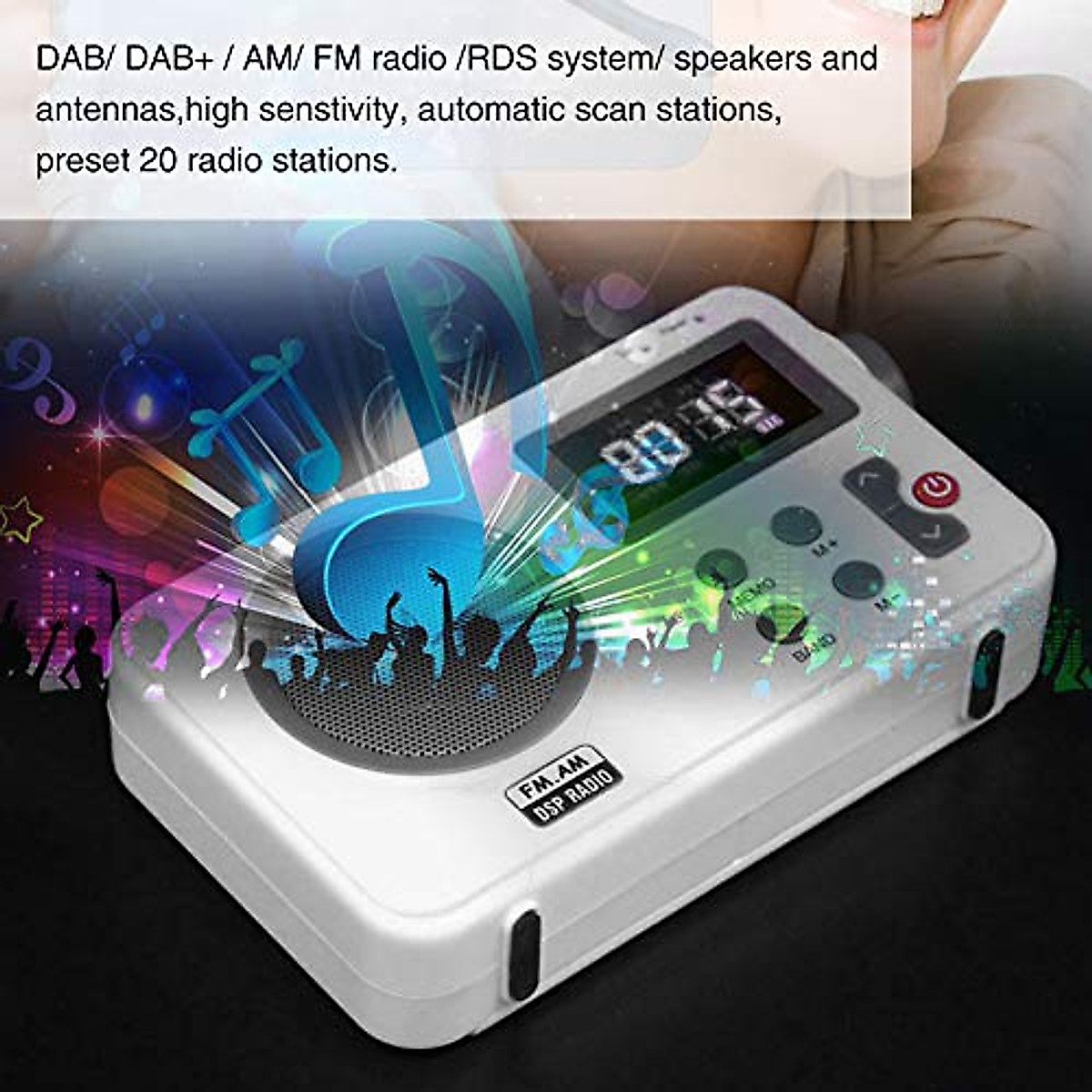 Shower Radio Speaker, Portable LCD Display Stereo Radio with AM/FM Radio/RDS System Long Playback Time Radio with Preset 20 Radio Stations for Bathroom, Hot Tub, Outdoor(White)