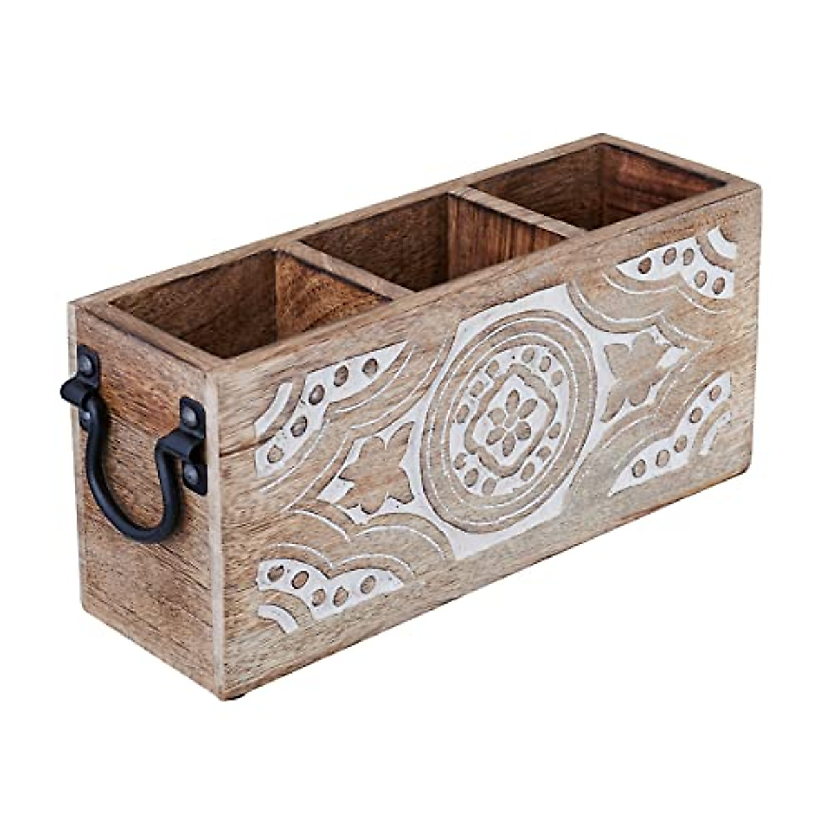 Eximious India Wooden 3 Compartment Flatware Utensil Caddy Silverware Cutlery Holder for Party Fork Spoon Knife Holder Organizer Hand Carved CTH02