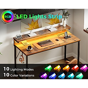 AODK Computer Desk, 48 Inch Gaming Desk with LED Lights and Power Outlet, Office Desk with Adjustable Monitor Shelf (3 Heights), Computer Table Work Desk for Home/Bedroom, Rustic Brown