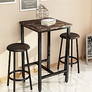 AWQM 3-Piece Dining Table and Chairs for Apartment, Bar Set with 1 Square Table and 2 Round Stools, Kitchen Table Set for 2, Breakfast Table with Footrest for Restaurant, Dinette, Studio (Dark Brown)