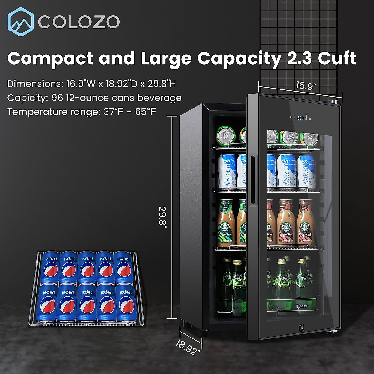 COLOZO 17 Inch Freestanding Beverage Refrigerator Cooler, 96 Cans Mini Fridge with Glass Door, Removable Shelves for Soda, Water, Beer or Wine, Small Drink Refrigerator for Home Office Bar