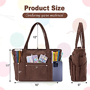 LOOEN Crochet Bag Organizer, Large Capacity Yarn Storage Bag, Portable Corduroy Knitting Bag and Totes for Travel, Used to Organize Yarn, Crochet Hooks, Ideal Gift for Crochet Lovers(Brown)
