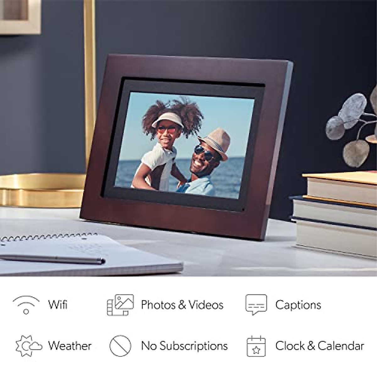 Simply Smart Home Photoshare 10” WiFi Digital Picture Frame, Send Pics from Phone to Frames, 8 GB, Holds 5,000+ Photos, HD Touchscreen, Espresso Wood Frame, Easy Setup, No Fees