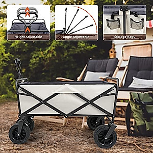 COOZMENT All Terrain Utility Wagon,Folding Wagon Heavy Duty,Collapsible Folding Wagon Cart with Big Wheels,Beach Wagon Cart with 280lbs Weight Capacity,Lounge Wagon for Camping Sports Outdoor(Beige)