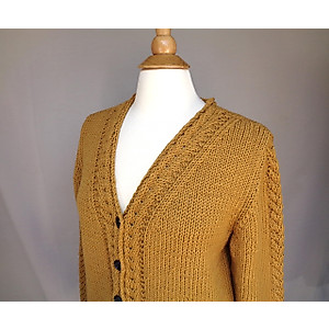 Mustard Gold Cardigan Sweater with Cable Design, Hand Knit, Merino Wool Acrylic, Womens size M L, Long Sleeves, Button Front, Basic Cardi