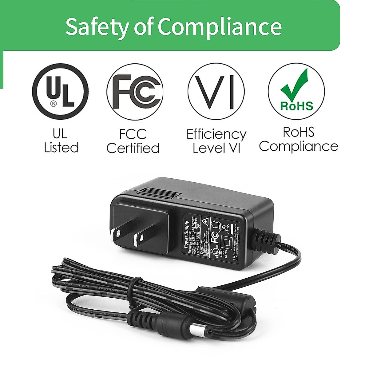 2-Pack AC to DC 5V 1A Power Supply Plug 5.5mm x 2.1mm UL Listed FCC