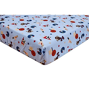 CribMATE 3 PCs Blue Sport Nursery Crib Bedding Set Baby Boy Sports Theme Cot Bedding Set 1 Quilt 1 Fitted Sheet 1 Skirt, Blue , Red , Brown, 28 X 52