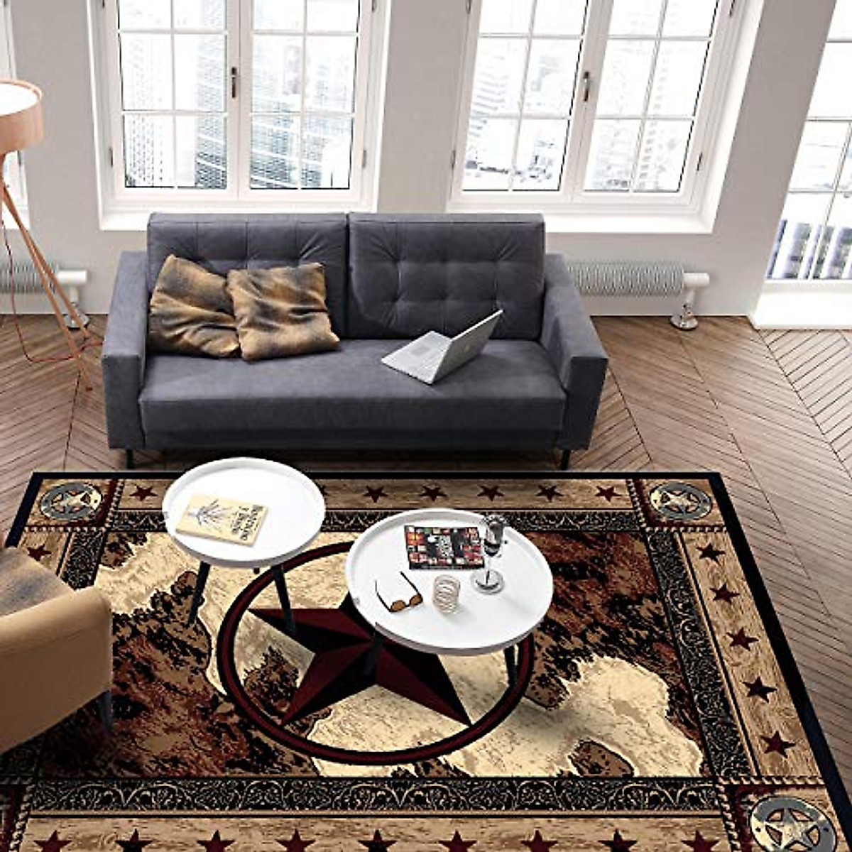 Area Rug 5'x7' Western Texas Star on Wood Panel Rustic Vintage Style Non-Skid Rubber Backing Modern Runner Rug Indoor Carpet for Bedroom/Living Room