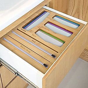 UrbanEco Ziplock Bag Organizer Foil and Plastic Wrap Organizer with Cutter, 6-in-1 Multifunction Kitchen food bag storage Box for Drawer or Wall mount with Aluminum Foil Dispenser - Compatible with Gallon Quart Sandwich & Snack Bag - Foil Dispenser Fits T