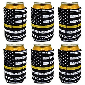 Can Cooler Sleeves USA Thin Yellow Line Flag Can Coolies Bulk Drink Beer Can Insulator Covers Collapsible Can Wraps 6Pc