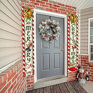 Christmas Porch Sign Decorations | Vintage Christmas Elf Hanging Banner with Santa Claus | Retro Merry Christmas Front Door Decor for Xmas Holiday Party Outdoor Indoor Yard Home