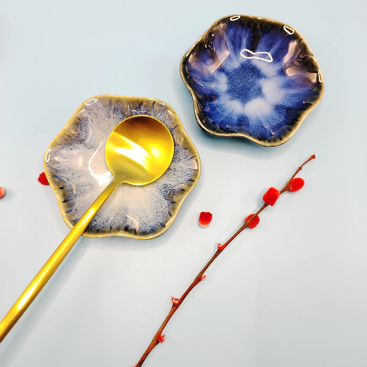 NJLJOM 2 Pack Ceramic Spoon Rest, Lotus Shape Heat-Resistant Utensil Rest for Kitchen Counter, Coffee Spoon Rest, Dessert Plates，Small Serving Plates, Kitchen Accessories (Deep Color)