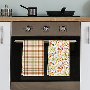 AnyDesign Fall Kitchen Towel Rustic Autumn Plaids Maple Leaves Dish Towel 28 x 18 Inch Farmhouse Tea Towel Decorative Hand Drying Towel for Kitchen Cooking Baking Party Supplies, 2 Pack
