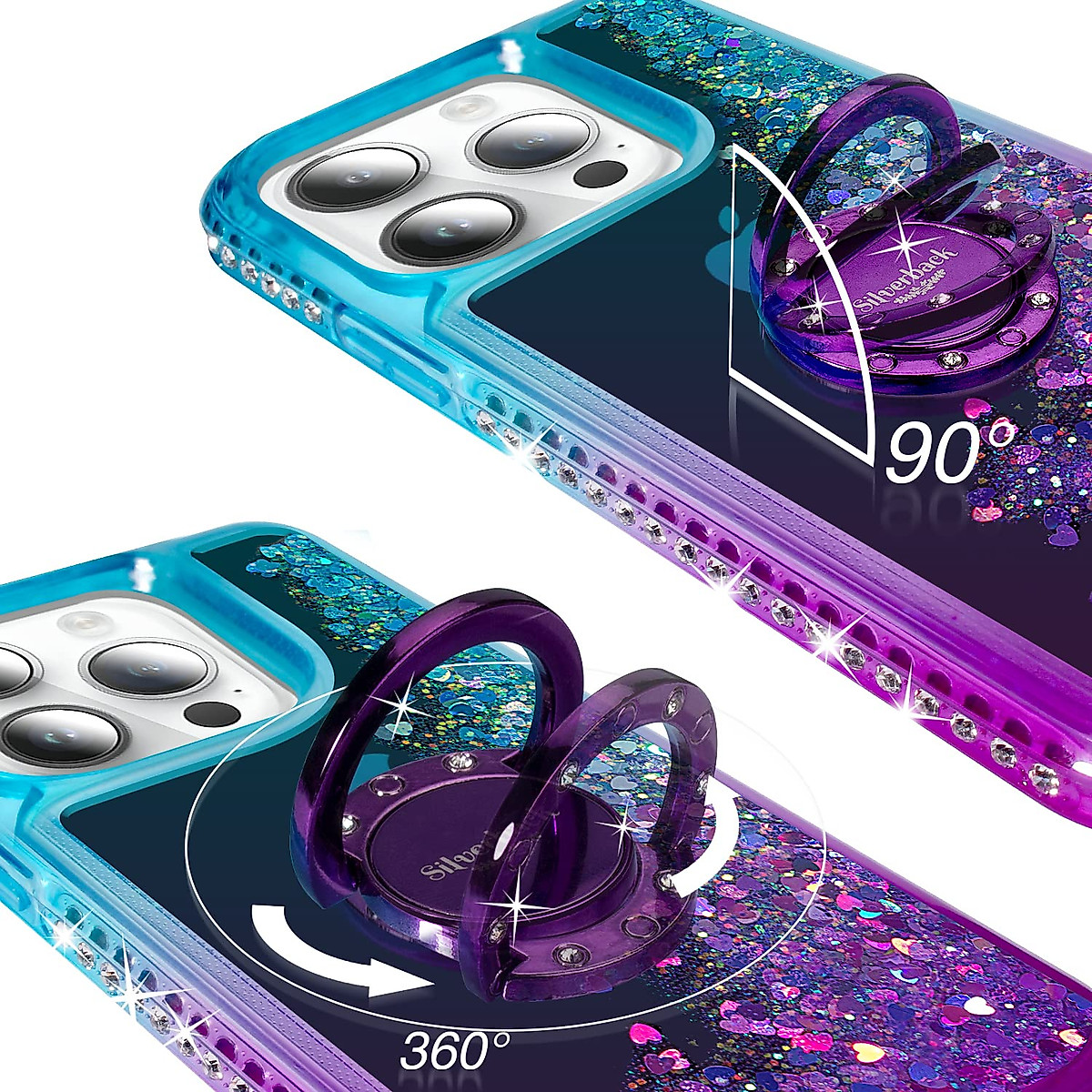 Silverback Designed for iPhone 14 Pro Case,14 Pro Phone Case with Ring Kickstand,Glitter Bling Flowing Liquid Quicksand for Women Girls Phone Case for iPhone 14 Pro,Purple