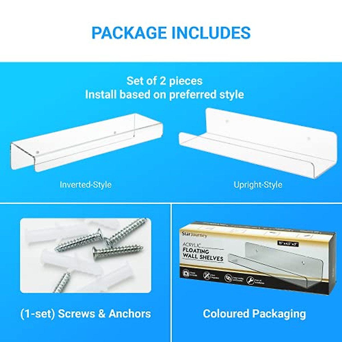 Acrylic Floating Shelves - Premium Grade 97% Clear Acrylic Wall Shelf, Displaying Great Moments On Picture Ledge Shelf, Vinyl Record Wall Mount Shelves, Clear Book Shelves, 50% Thicker. (Set of 2)