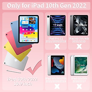 BATYUE iPad 10th Generation Case, Shockproof Protection Cover for 2022 10.9-inch iPad (10th Generation) with Screen Protector/Pencil Holder/ 360° Swivel Stand/Shoulder Strap, for Kids -Colorful Pink