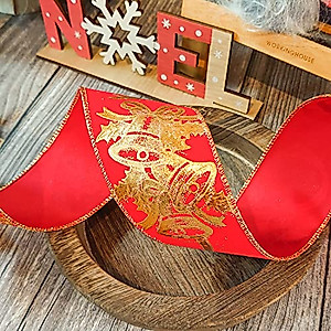 CT CRAFT LLC Red Velvet Gold Christmas Bell Wired Ribbon 2.5 Inch x 10 Yards for Christmas Home Decor Tree Topper Bow Gift Wrapping DIY Crafts Wreath Garland