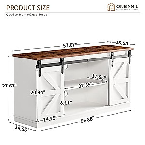oneinmil Farmhouse TV Stand for 65 Inch TVs, Modern Rustic Entertainment Center with Sliding Barn Door and Storage Cabinets, Metal Media TV Console with Shelf for Living Room, 58 Inch,White