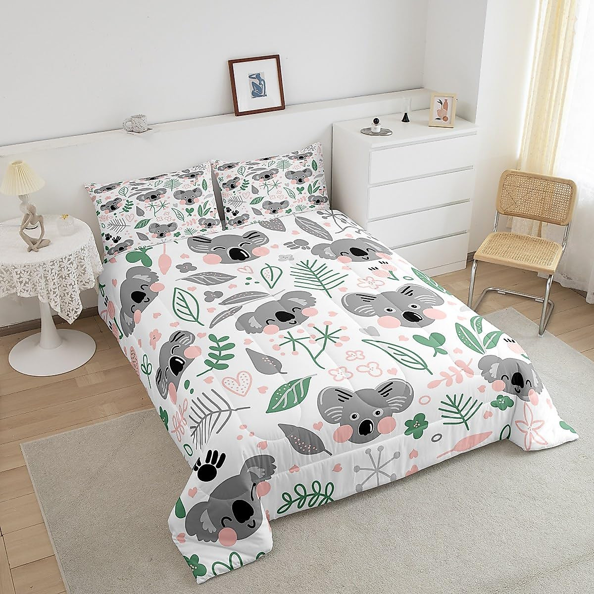Feelyou Koala Comforter Set Queen Size, Cartoon Koala Comforter Set Cute Koala Comforter for Kids Toddler Botanical Plant Duvet Set Lightweight Quilt Set