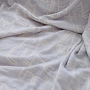 Purefair 100% Muslin Cotton Throw Blanket for Couch Bed Adults Kids, Cartoon Cat Printed Quilt 4 Layers Ultra Soft Lightweight Reversible Gauze Blanket for All Season (Grey,60"x80")