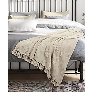 Maxpeuvon Beige Throw Blanket Boho Soft Cozy Knit Blanket with Tassel, Solid Decorative Blankets and Throws, Decor Blanket for Bed, Travel Blanket, Sofa, 50"×60"
