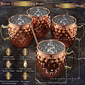 Copper Mugs Moscow Mule Set Of 4 - 18oz Moscow Mule Mugs - Stainless Steel Lining Pure Copper Plated Moscow Mule Cups - Diamond Hammered Design - Moscow Mule Cups Set Of 4 With Straws And Straw Brush