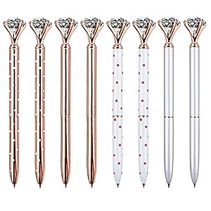 ZZTX 8 PCS Big Crystal Diamond Ballpoint Pen Bling Metal Ballpoint Pen Office Supplies, Rose Gold/Silver/White With Rose Polka Dots/Rose Gold With White Polka Dots, Includes 8 Pen Refills