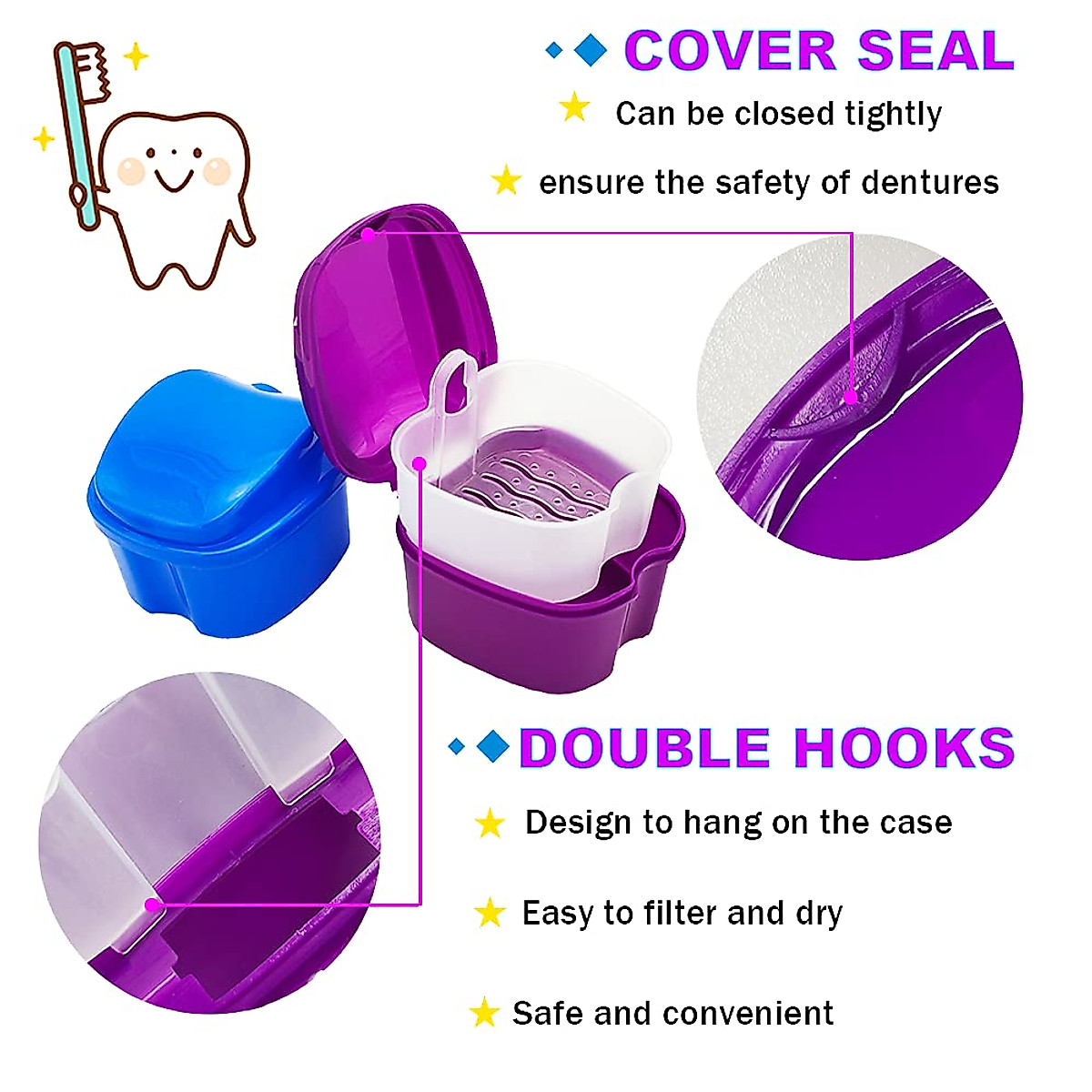 Denture Case Kit, 2 Denture Cup with 2 Denture Brush & 2 Portable Brush Box, Denture Bath Cup with Strainer & Lid for Travel, Storage Soak Container Retainer Cleaner (Blue & Purple)