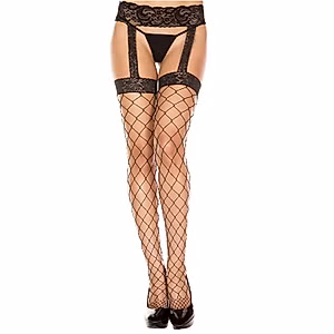 MUSIC LEGS Women's Lace Top Diamond Net Spandex Garterbelt Stockings, Black, One Size