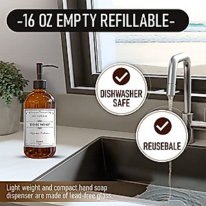 Sunrise Premium 2 Pack Amber Glass Soap Dispenser 16 OZ with Oil Rubbed Bronze Stainless Steel Pump, Hand and Dish Soap Dispenser Set for Bathroom and Kitchen Sink with 6 Waterproof Labels