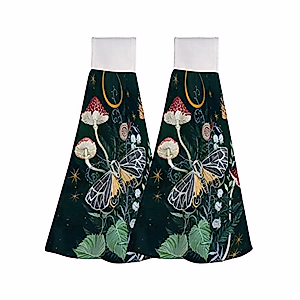 Kitchen Towel-Mushroom Moth Art Painting-Hand Towels Tie Towel Soft Microfiber Absorbent Washcloth Also for Bathroom Hand Sink Laundry Room RV Tabletop 2pcs