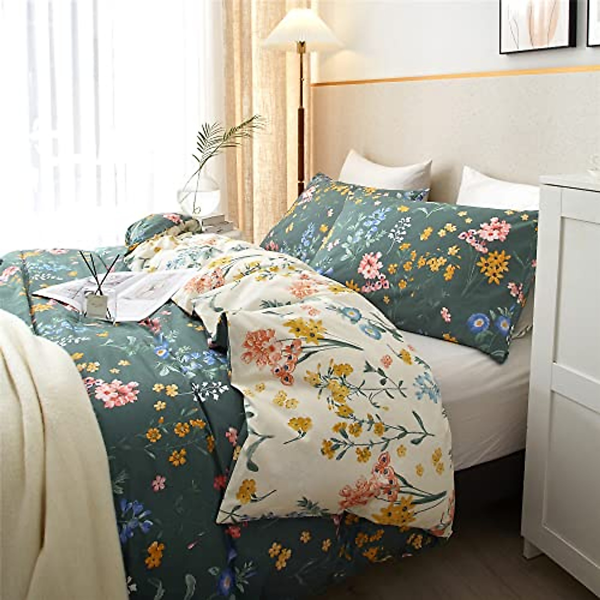 PinkMemory Green and White Duvet Cover Queen 100% Cotton, Garden Flower Pattern Bedding Duvet Cover Set Full Queen with Pillowcases Soft Durable Zipper-No Comforter Insert