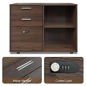 Warmiehomy Mobile Lateral File Cabinet with Smart Lock 3 Drawer Lateral File Cabinet with Open Storage Shelf Rolling Wood Office Filing Cabinet fits A4/Letter/Legal Size (Rustic Brown)