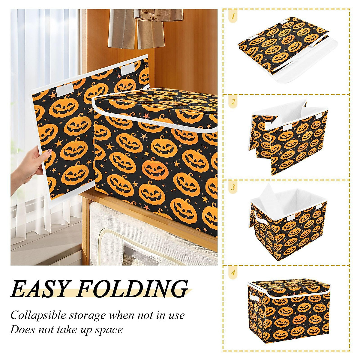 Takiito Orange Halloween Pumpkins Collapsible Storage Box with Lid & Handles, Fabric Storage Bin Organizer for Home Office Closet Bedroom Living Room, 16.5x12.6x11.8 in