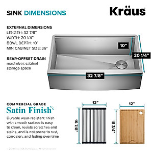 KRAUS Kore Workstation 33-inch Farmhouse Flat Apron Front 16 Gauge Single Bowl Stainless Steel Kitchen Sink with Integrated Ledge and Accessories (Pack of 5), KWF410-33