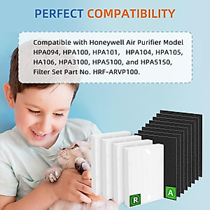 HPA100 Replacement Filters for Honeywell Air Purifier,Compatible with HPA100,HPA094, HPA104, HPA105 HPA3100, HPA5100,4 True HEPA R Filter + 8 Activated Carbon Pre-Filter A,Part No. HRF-ARVP100